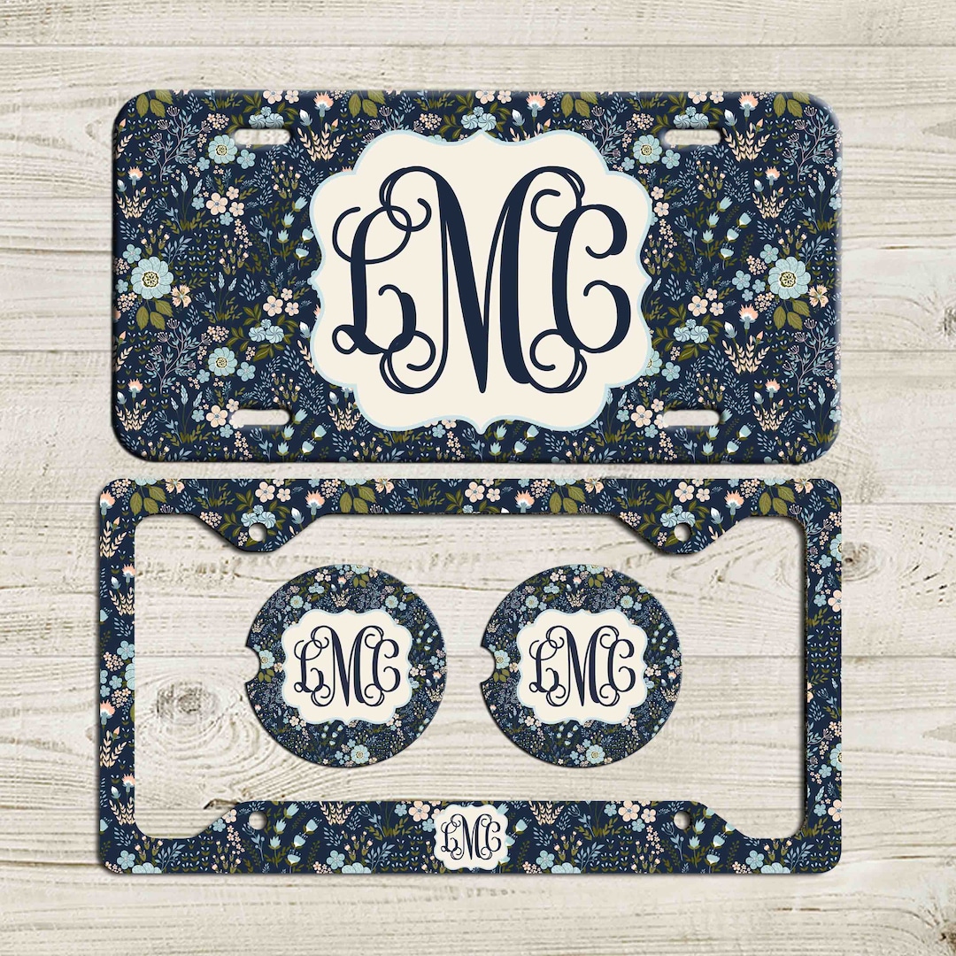 Blue Floral License Plate, Monogram License Plate Frame, Personalized ...
