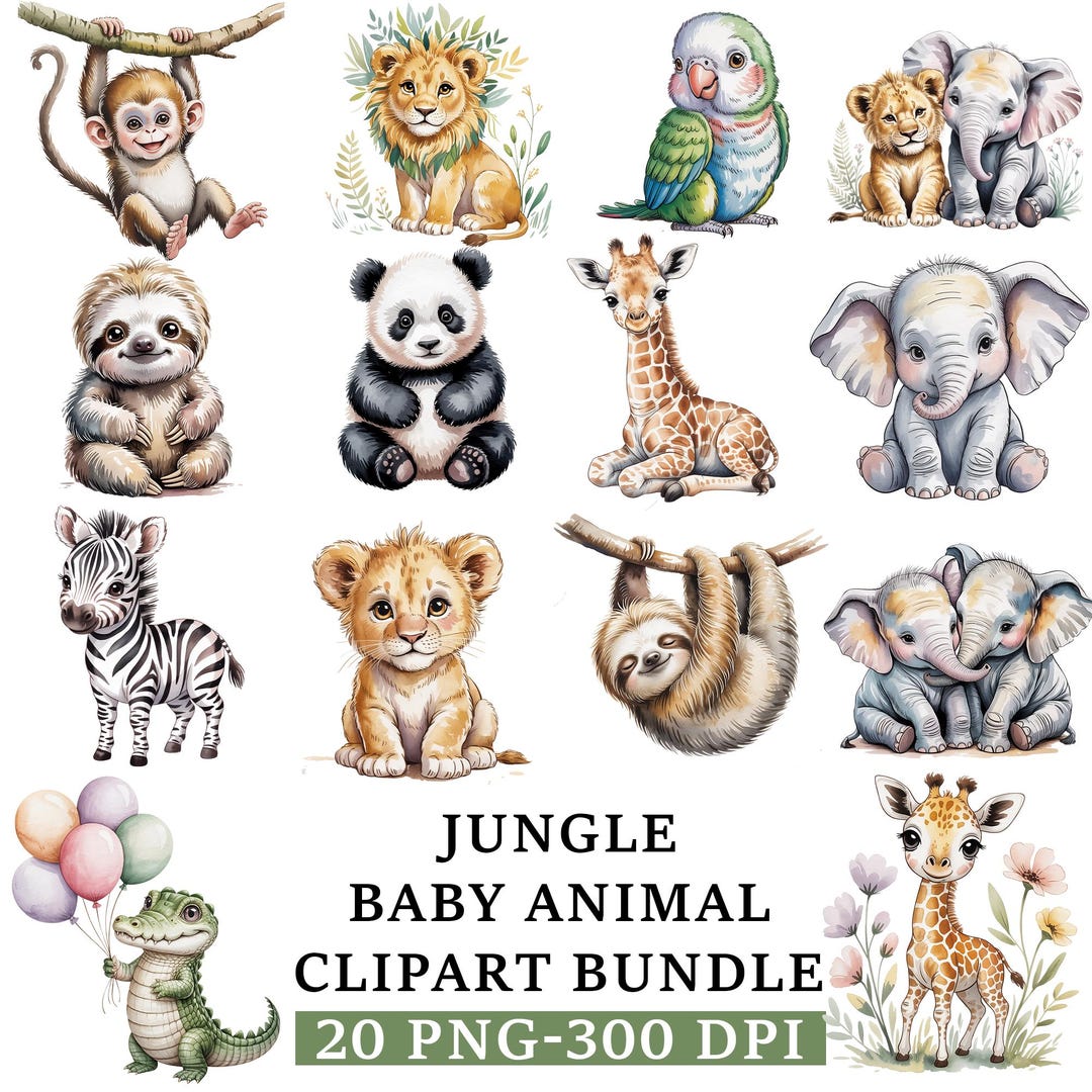 Jungle Baby Animal Clipart PNG | Safari Nursery Art | Watercolor Jungle ...