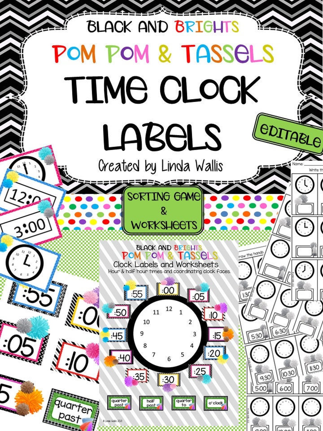 Pom Poms and Tassels Time Clock Labels, Worksheets and Game - Etsy
