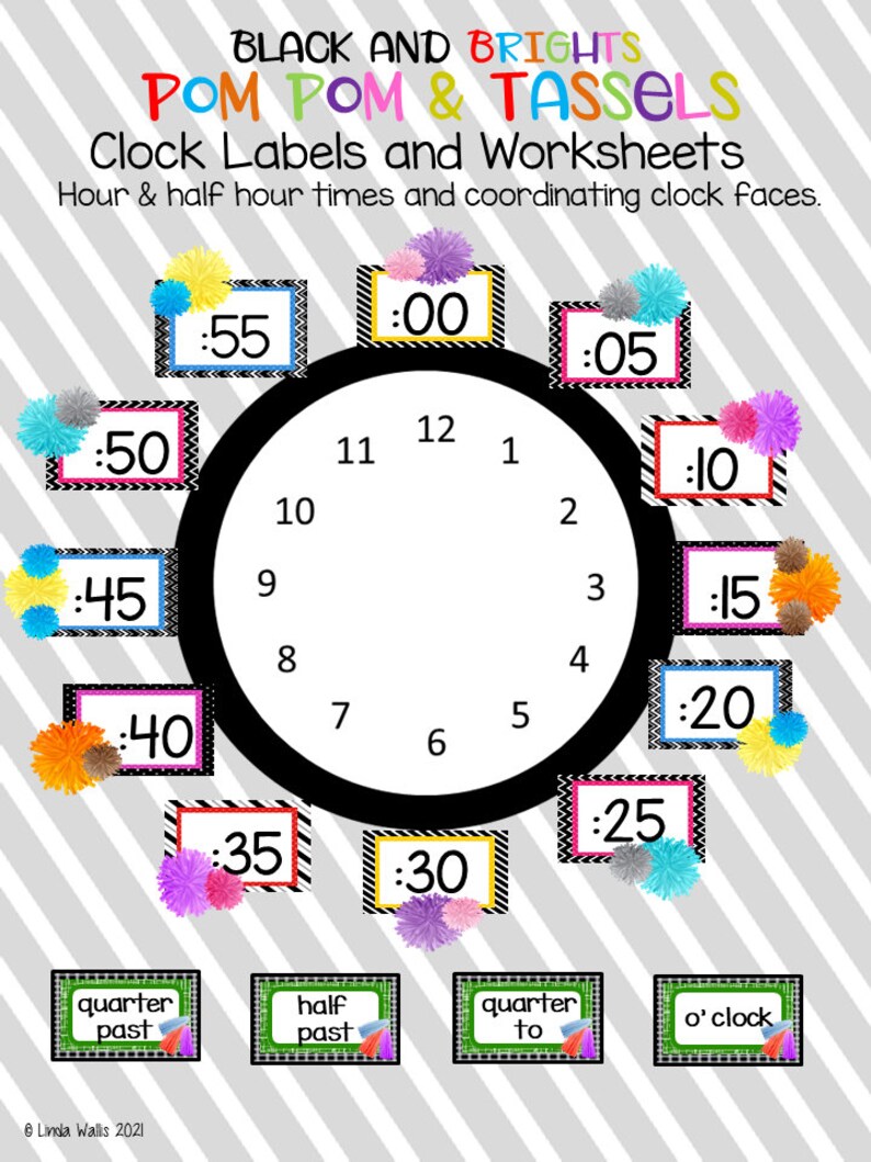 Pom Poms and Tassels Time Clock Labels, Worksheets and Game - Etsy