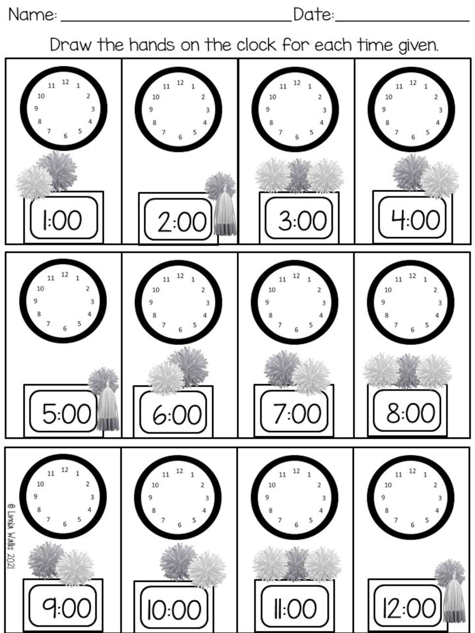 Pom Poms and Tassels Time Clock Labels Worksheets and Game - Etsy