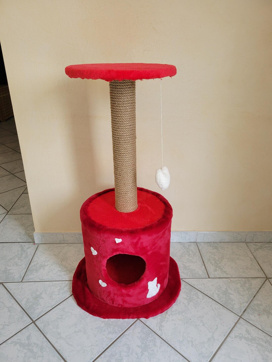 Tall Handmade Cat Tree With Hideaway – Red Cat Tree With Scratching ...