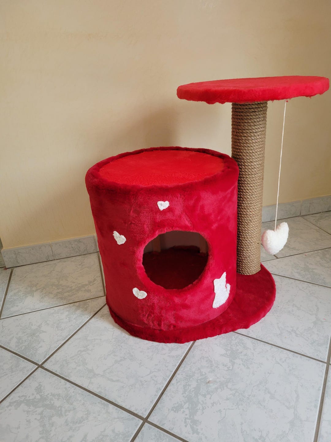 Handmade Cat Tree With Hideaway – Red Cat Tree With Heart Cave – Cozy ...