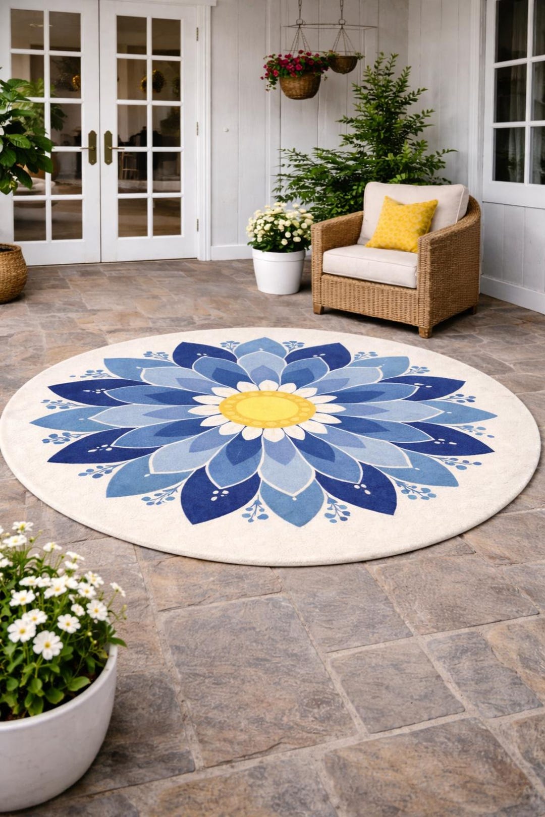 Arfat Rugs Blue Floral Mandala Round Rug Lotus Flower Designboho Modern ...