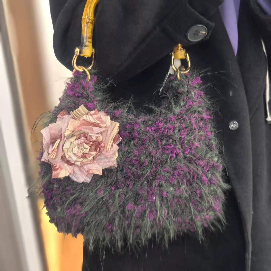 Handmade Fuzzy Knit Handbag – Boho Bamboo Handle, Fabric Flower - Etsy