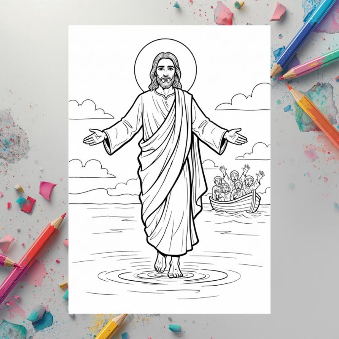 Jesus Walking on Water Coloring Page, Christian Bible Story (PDF ...