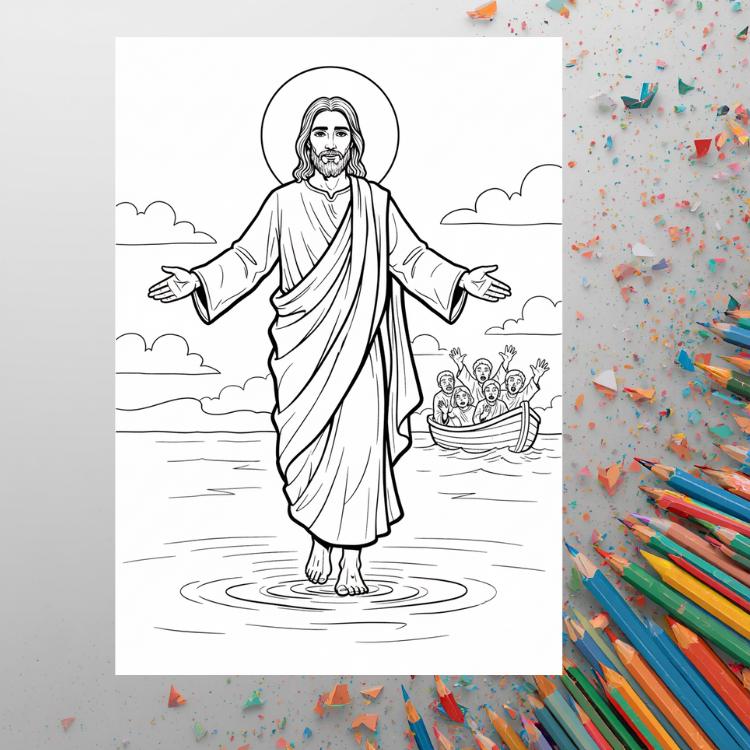 Jesus Walking on Water Coloring Page, Christian Bible Story (PDF ...