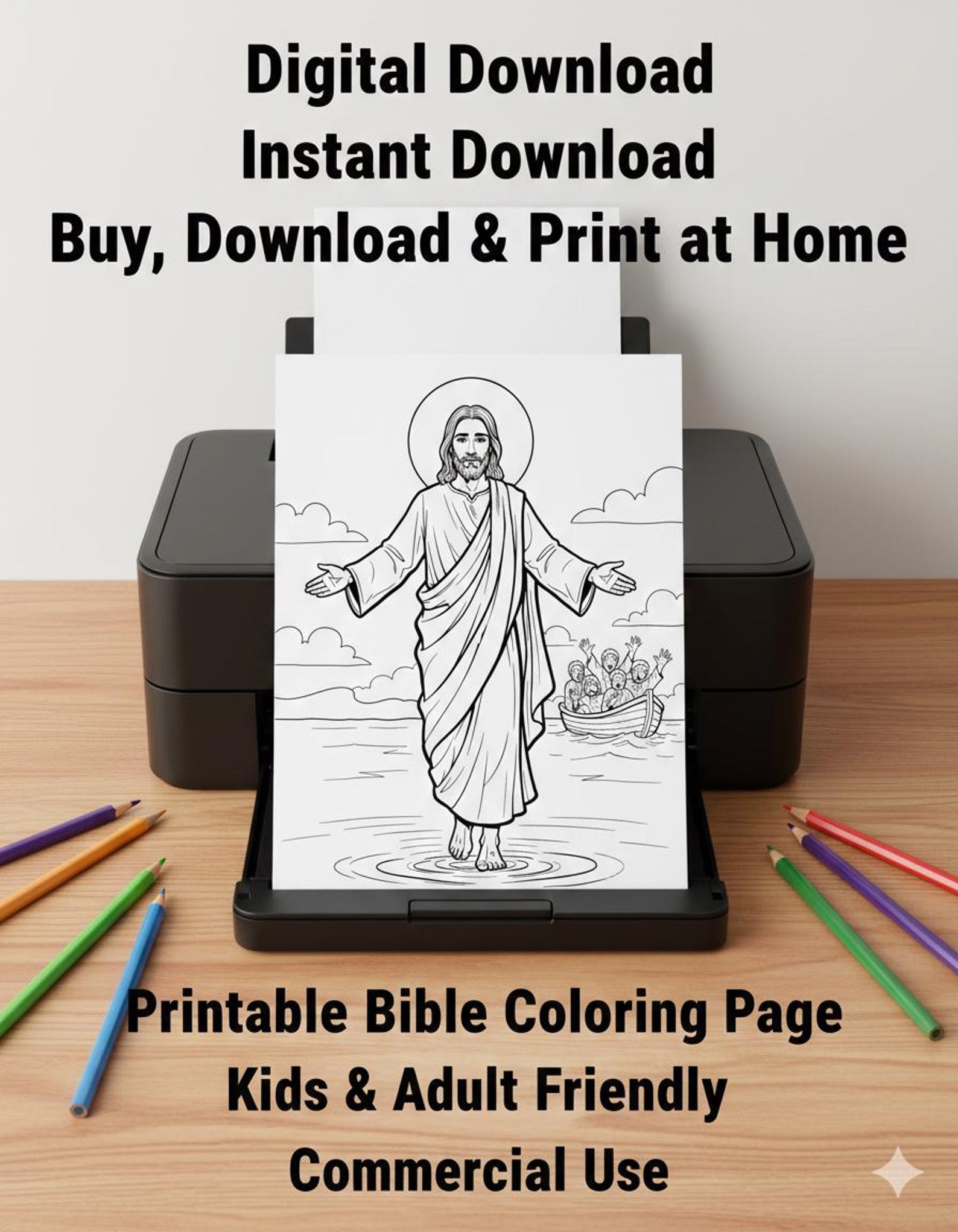 Jesus Walking on Water Coloring Page, Christian Bible Story (PDF ...