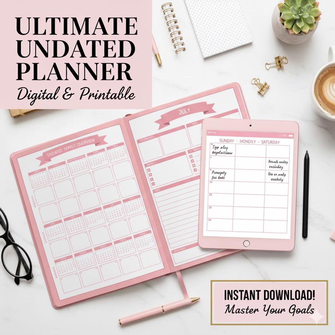 Undated Digital & Printable Planner | Pink Calendar | All-in-one Annual ...