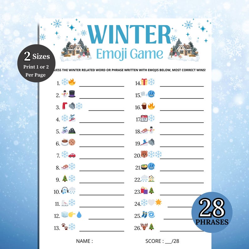 Winter Emoji Game Printable, Winter Emoji Pictionary PDF, Family and ...