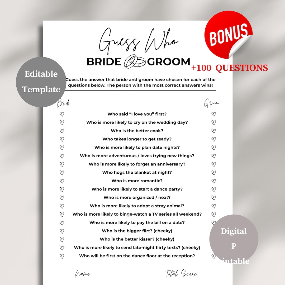Guess Who Bride or Groom: Bridal Shower Game – Printable & Editable ...