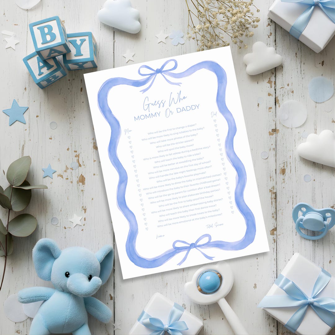 Guess Who Mammy or Daddy: Blue Bow Baby Shower Game - Editable Template ...