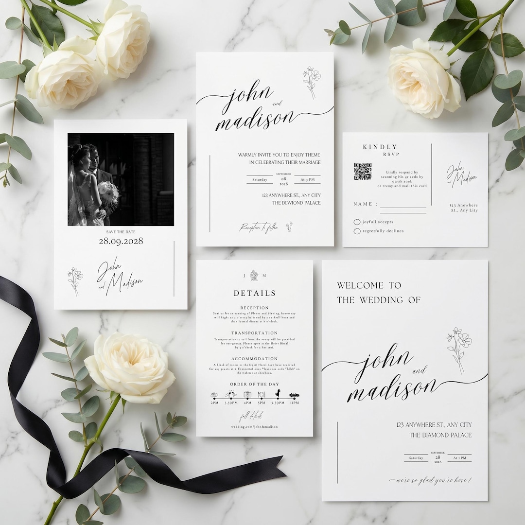 Wedding Invitation Suite, Minimalist Simple Invite Bundle With QR Code ...