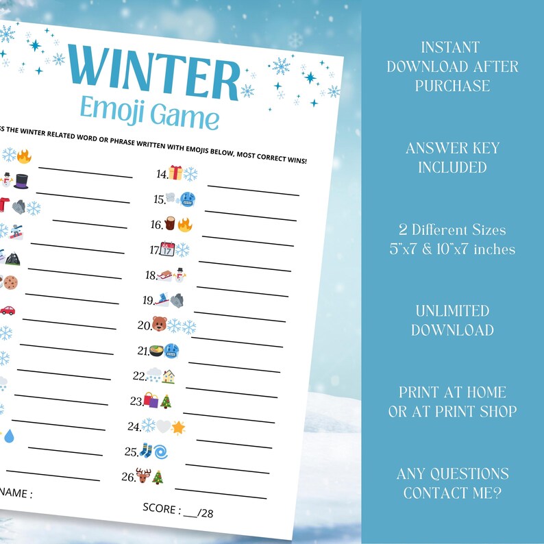 Winter Emoji Game Printable | Winter Emoji Pictionary Game Party ...