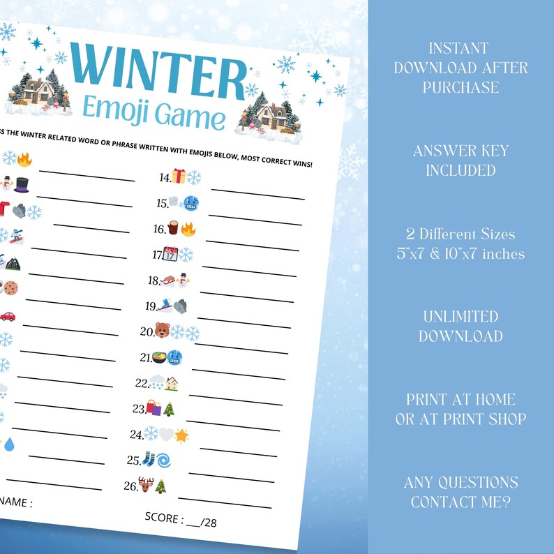 Winter Emoji Game Printable, Winter Emoji Pictionary PDF, Family and ...