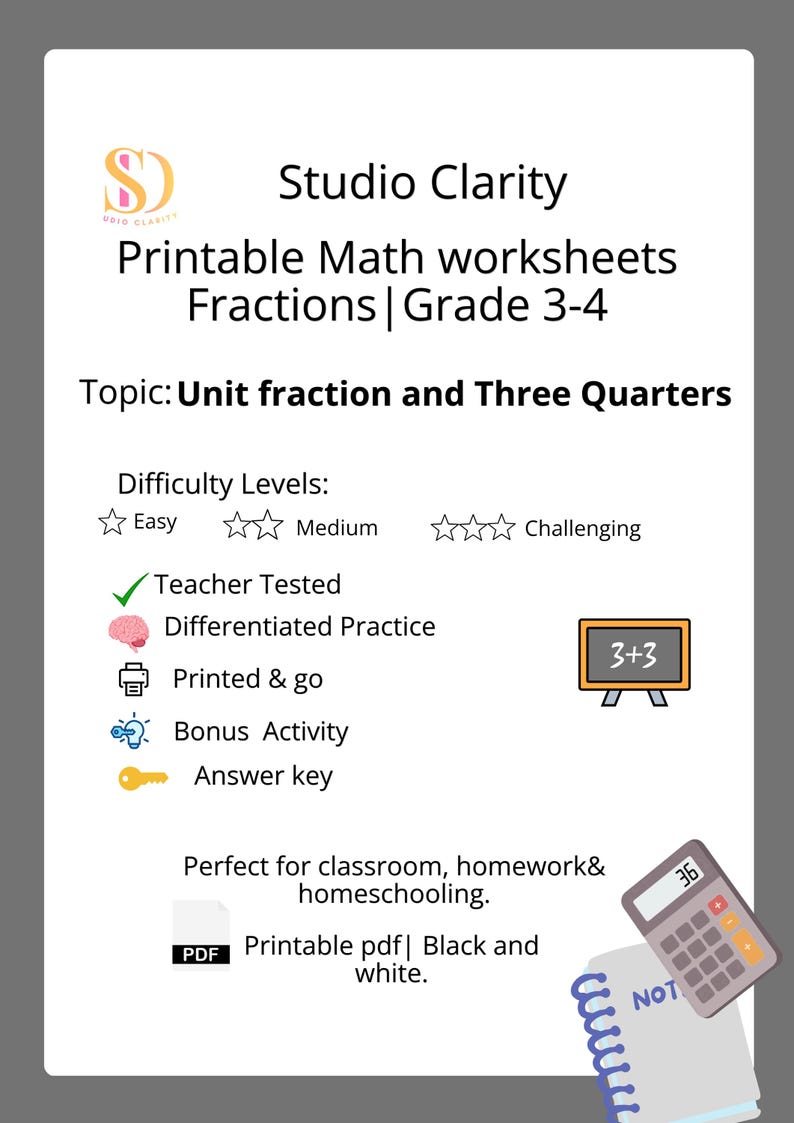 Unit Fractions Worksheets Printable Bundle 3rd 4th Grade ...