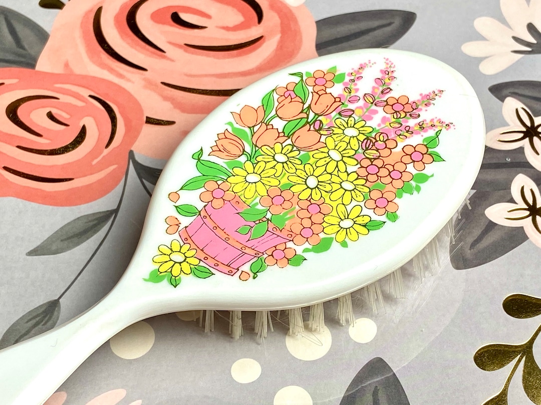 Vintage Girls Hair Brush, Bright Pink and Yellow Flowers in Pink Barrel ...