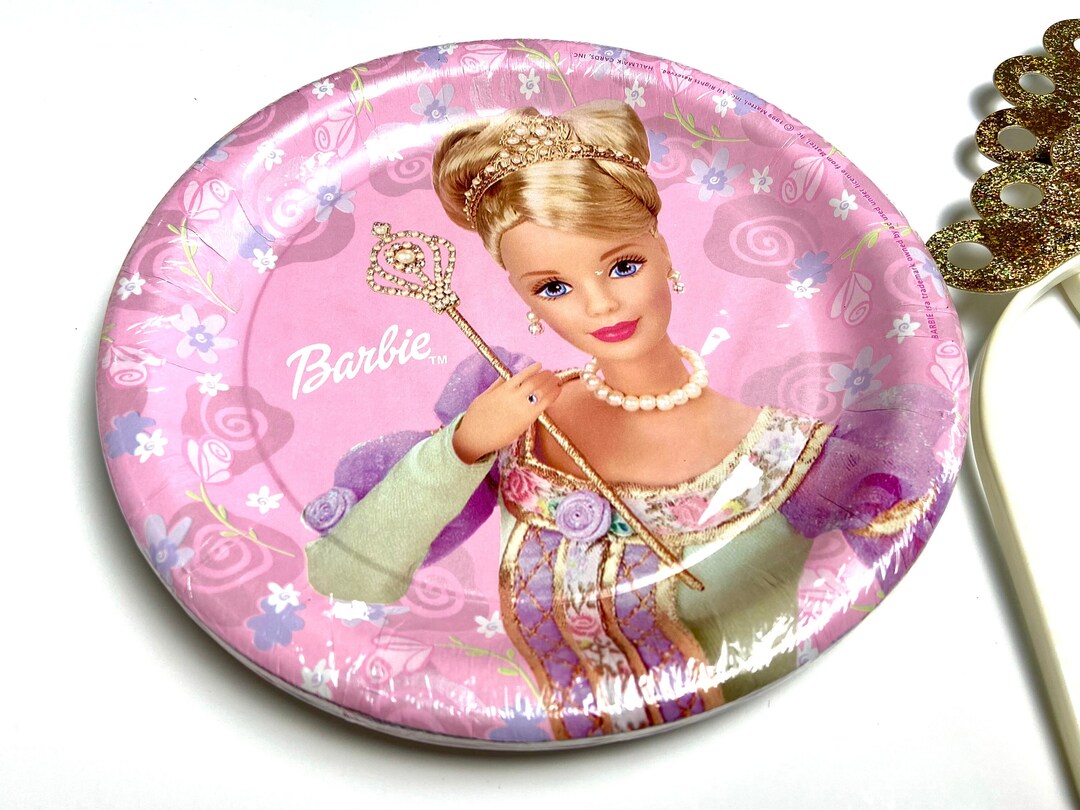 Vintage 90’s Barbie Party Plates & 2 Tiaras, Set of 8 Paper Plates, NOS ...
