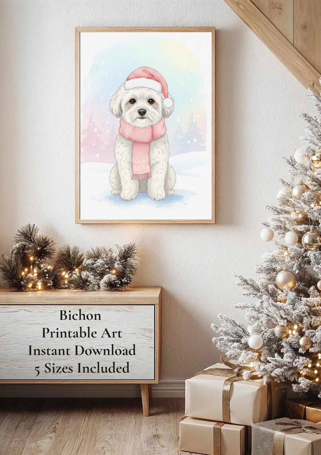 Christmas Bichon Frise Wall Art | Pastel Watercolor Bichon Poster ...