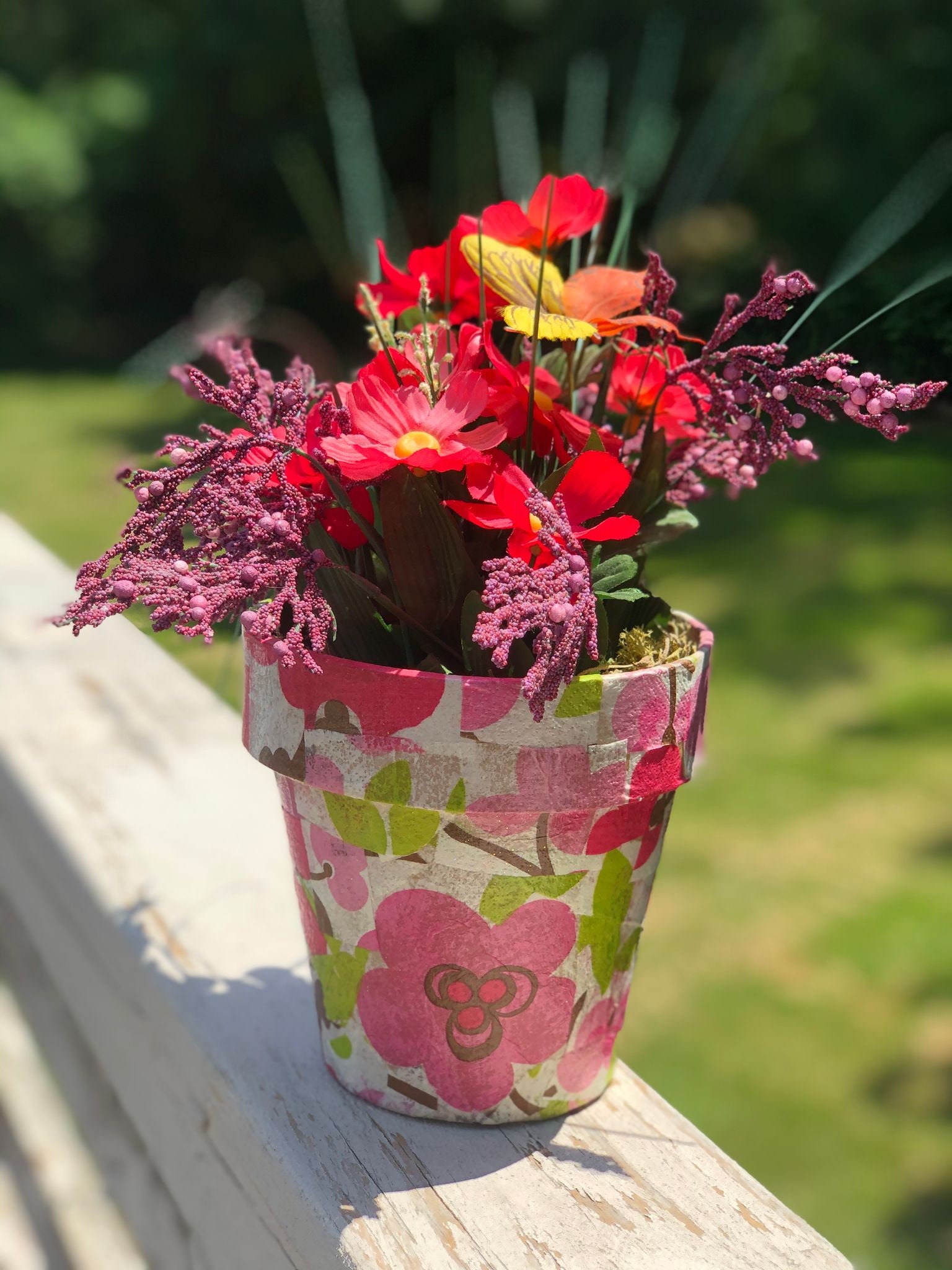 Decoupaged Flower Pot Includes Flowers Paper Mache Flower Pot / Faux ...