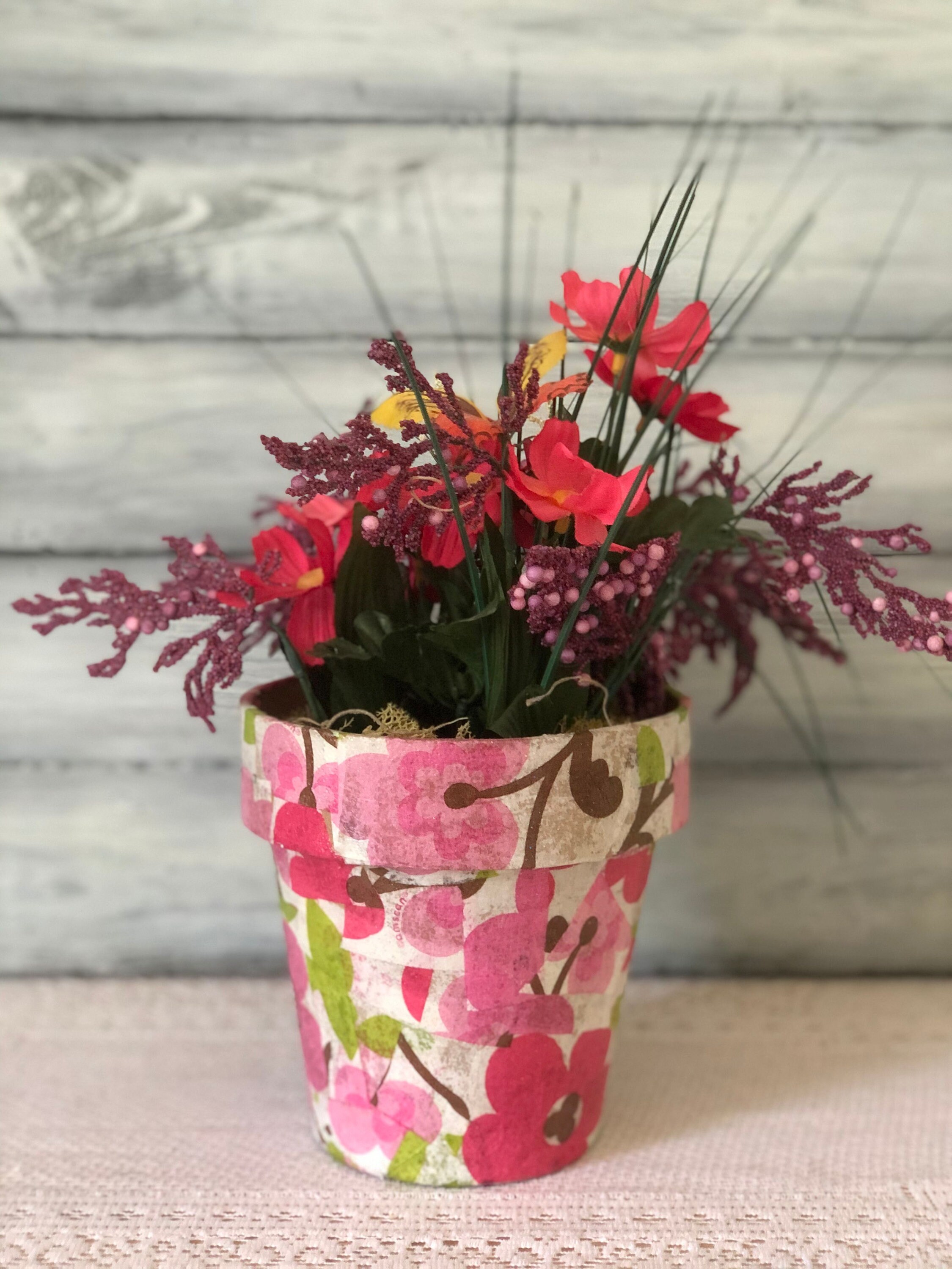 Decoupaged Flower Pot Includes Flowers Paper Mache Flower Pot / Faux ...
