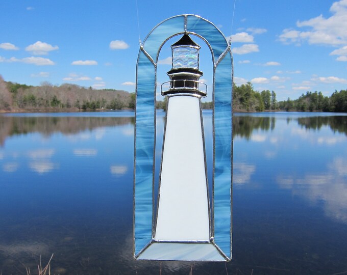 Stained Glass Seaside Lighthouse, Suncatcher, Window Hanging. Blue ...
