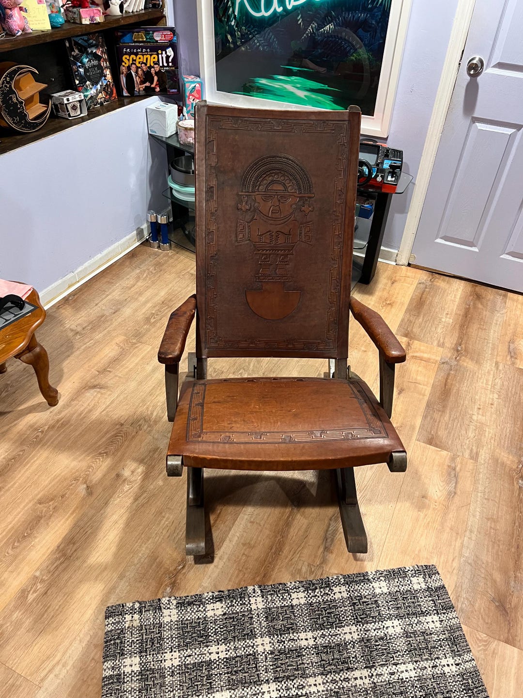 Vintage Rocking Chair Peru Aztec Motif Embossed Leather & Wood 1950-60s ...