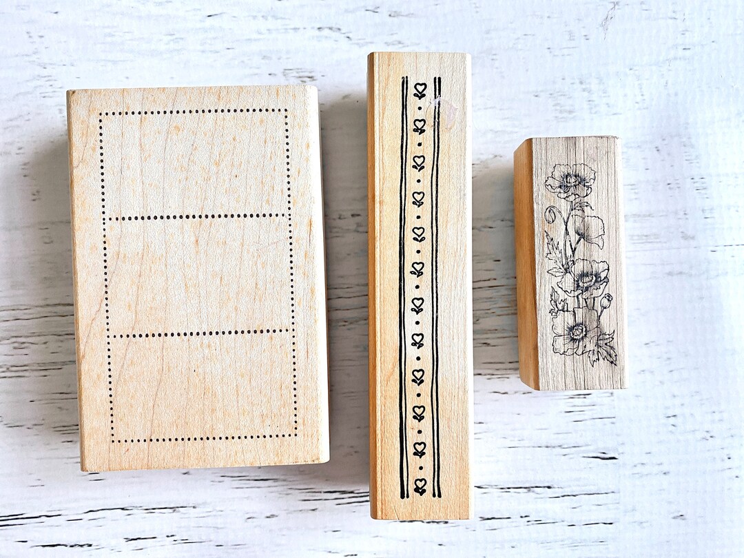 Wood Mounted Stamps, Gently Used, 3 Pc, Unbranded Flowers & Heart ...