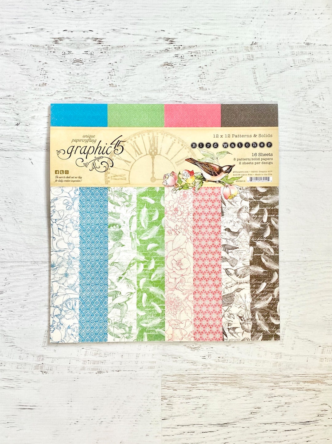 Graphic 45 Bird Watcher Patterns and Solids Pad-includes 2 Ea -8 Dbl ...