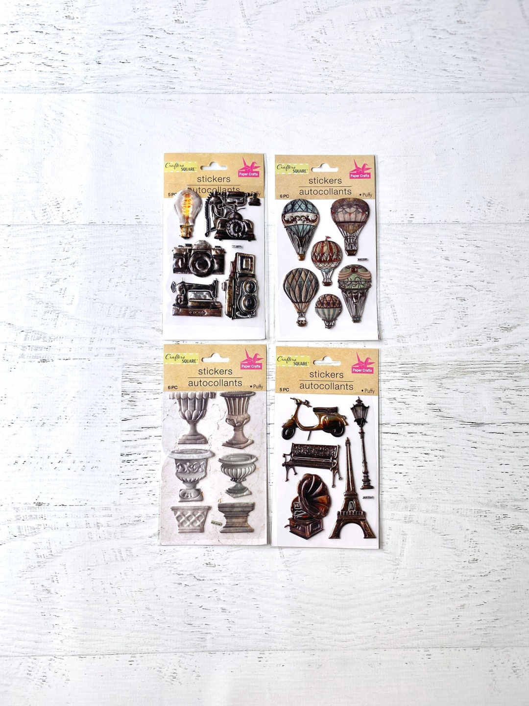 Crafter's Square Puffy Stickers, 4 Pkg Set, Hot Air Balloon, Camera ...