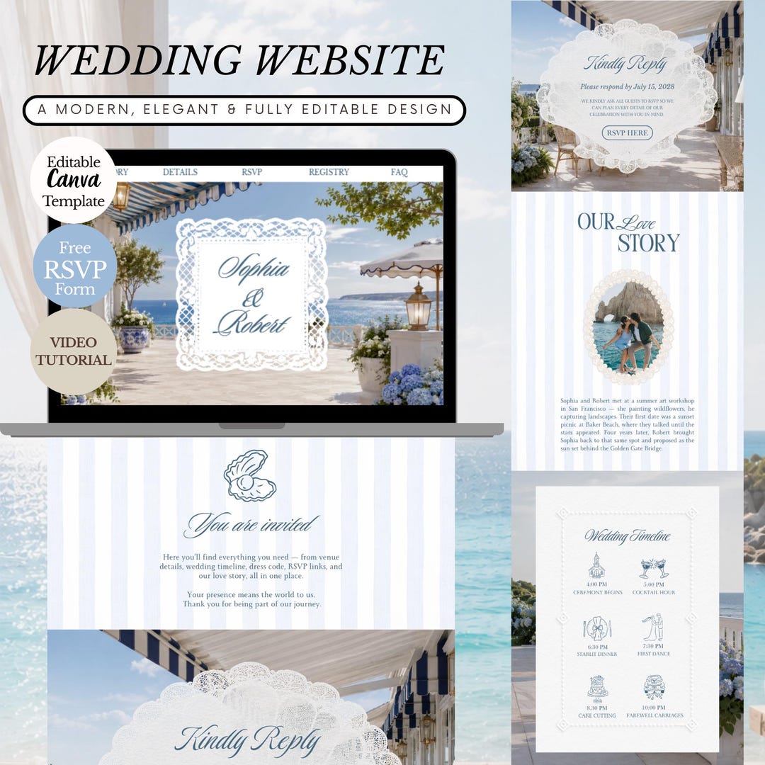 Beach Wedding Website Template With RSVP, Coastal Elegant Design (canva ...