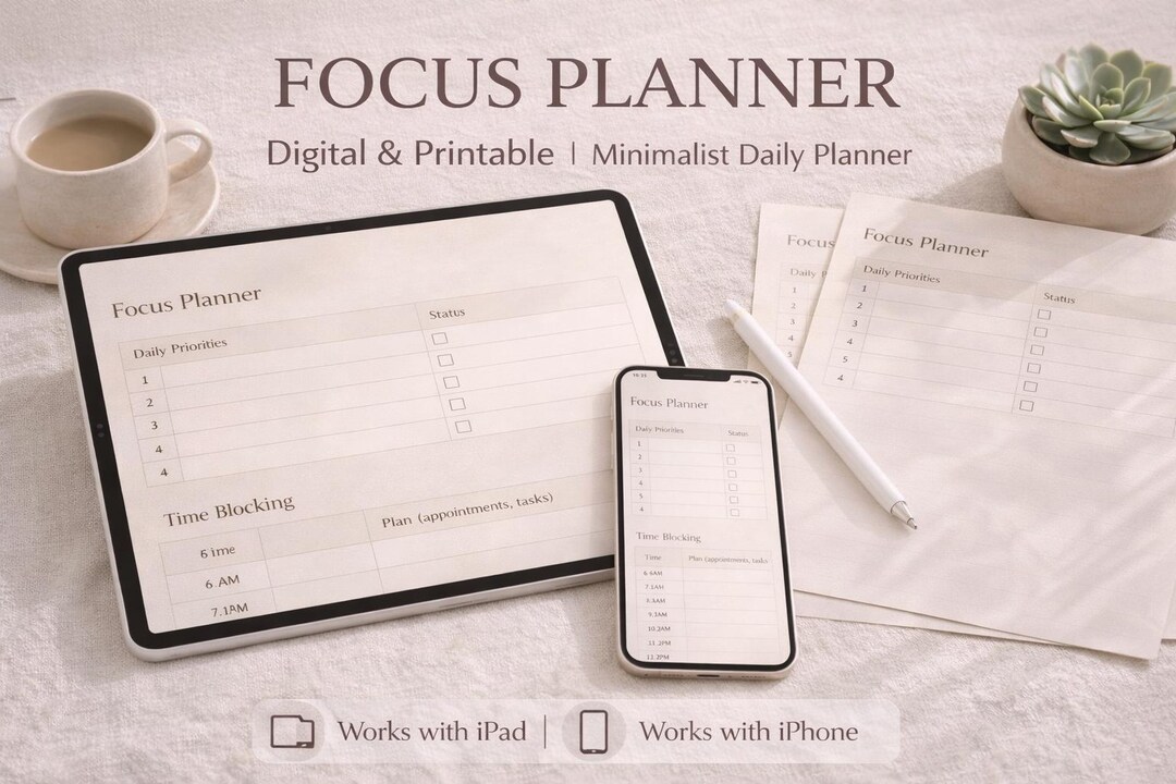 Focus Planner | Minimalist Digital Printable Planner | Daily Focus ...