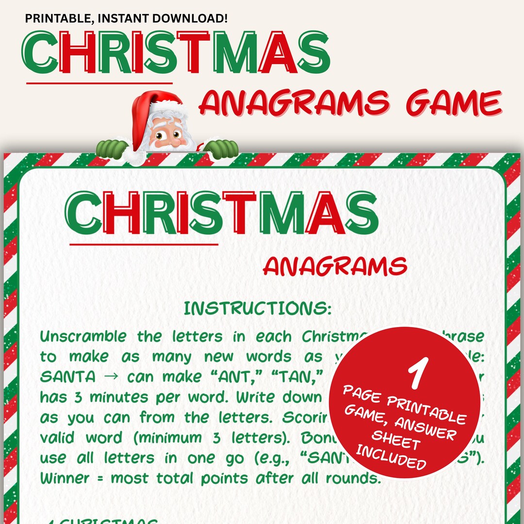 Christmas Anagrams Game Printable, Holiday Word Puzzle With Answer Key ...