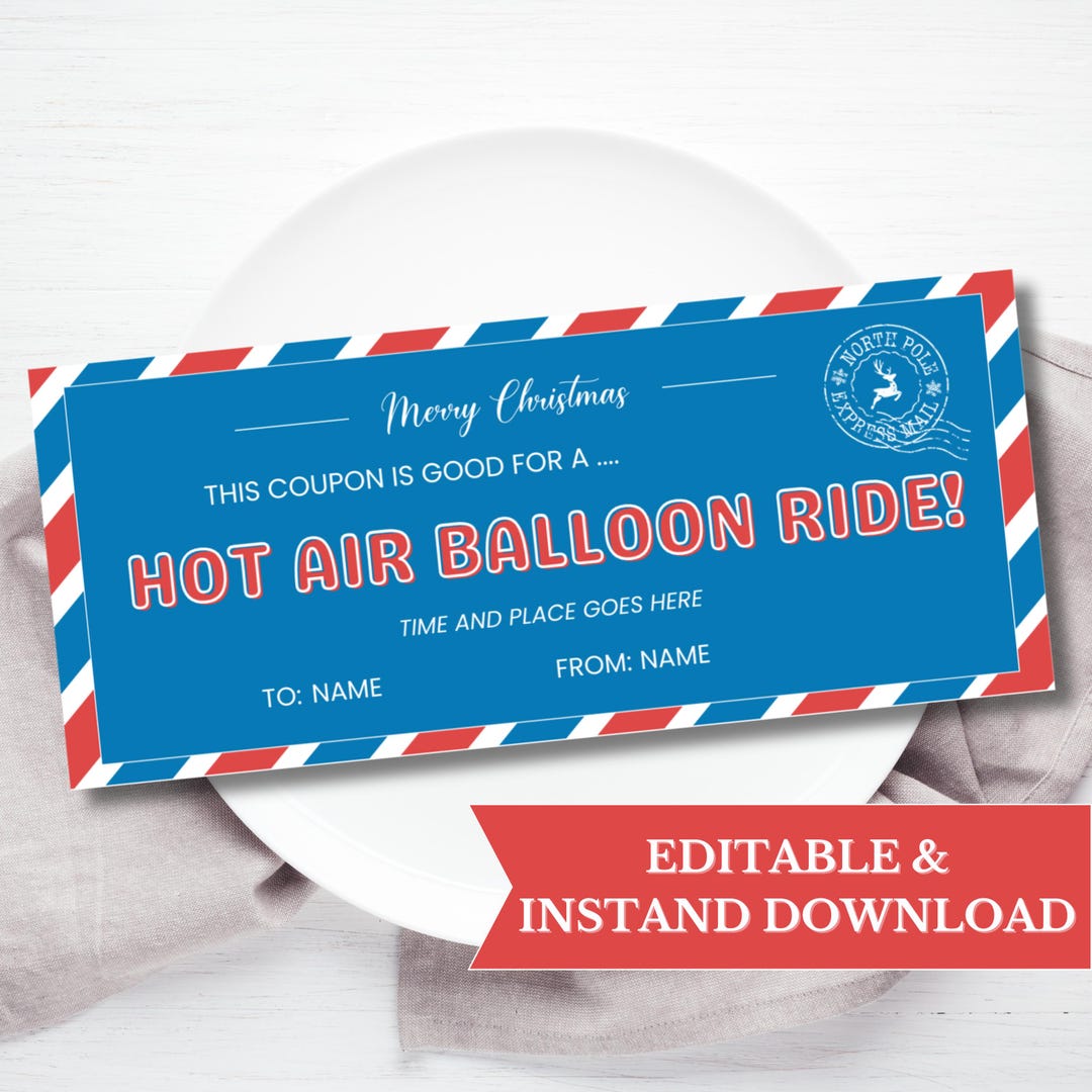 Christmas Hot Air Balloon Ride Gift Coupon Editable Template, Printable ...