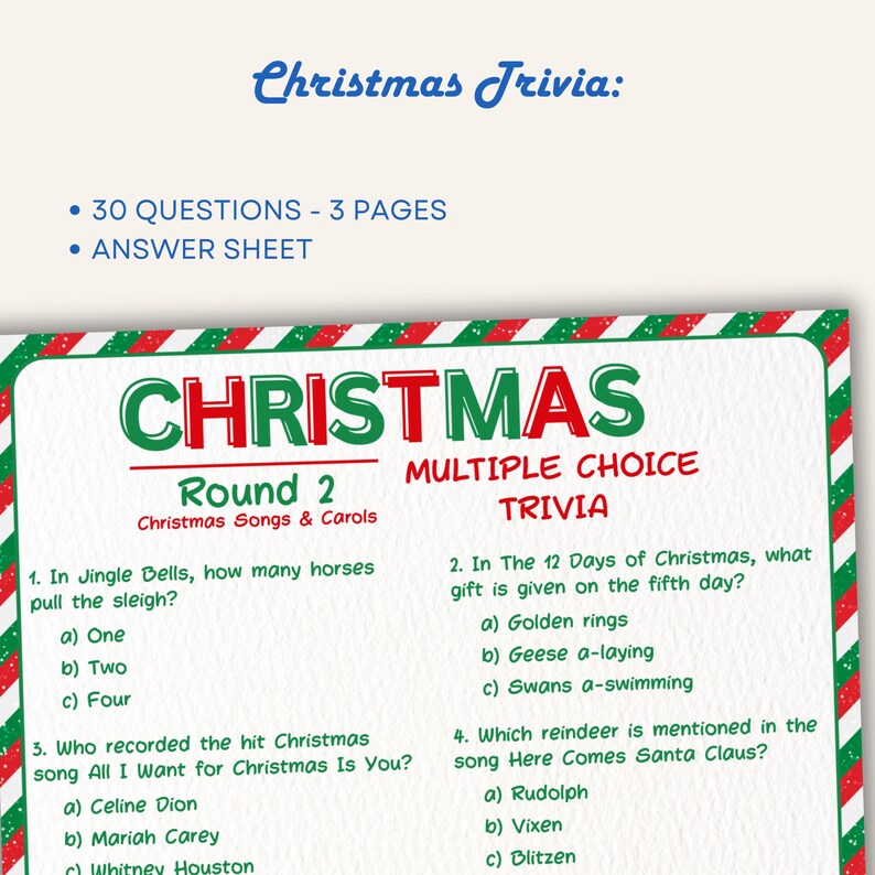 Christmas Multiple Choice Quiz Printable – 30 Holiday Trivia Questions ...