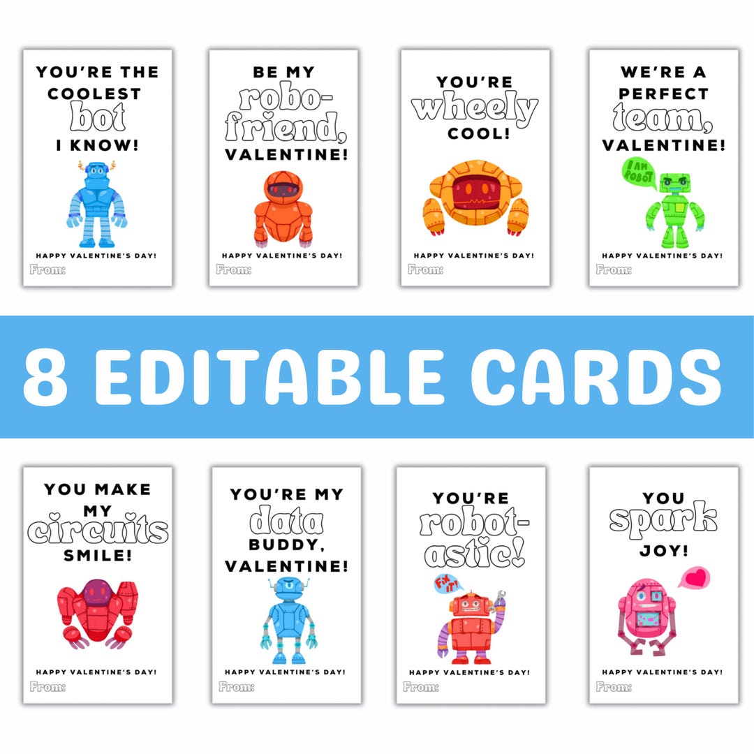 Robot Valentine Cards for Kids, Printable Classroom Valentines ...