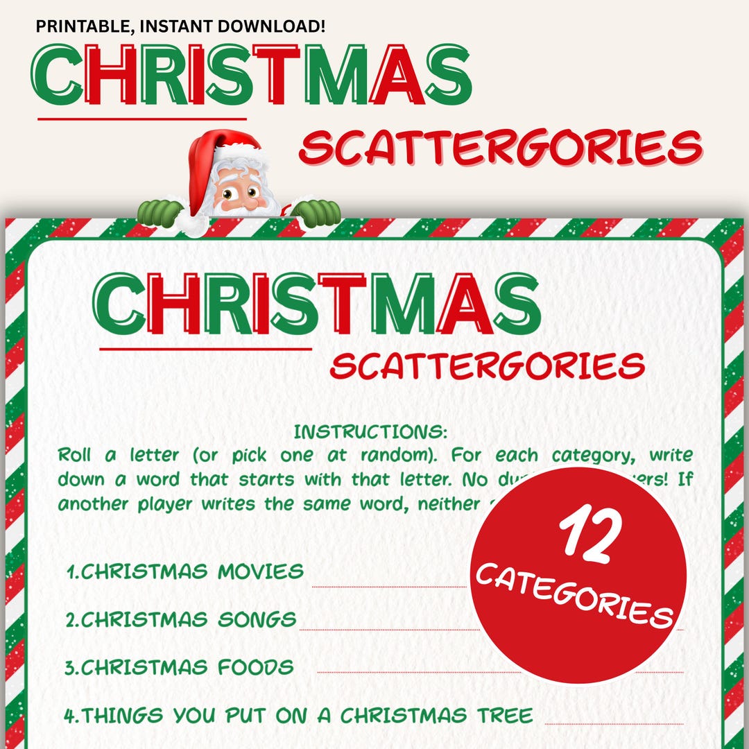 Christmas Scattergories Printable Game, 12 Category Holiday Party ...
