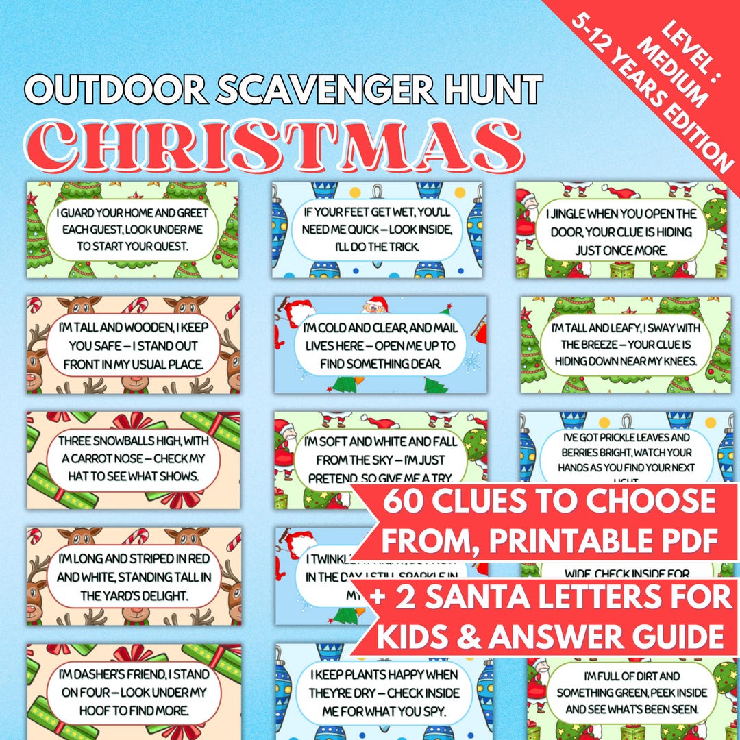 Outdoor Christmas Scavenger Hunt for Kids Ages 5–12 – 60 Clues, Santa ...