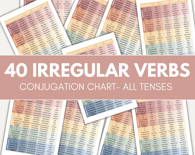 Spanish Language, 24 IRREGULAR VERBS - Set of 6 Posters, Conjugation ...