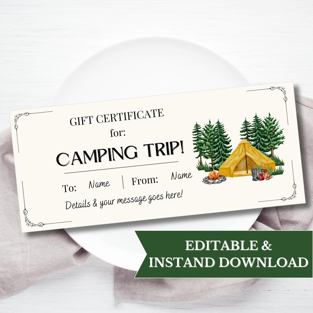 Camping Trip Gift Voucher Printable, Camping Experience Gift, Editable ...