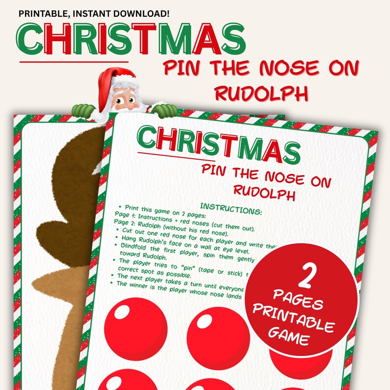 Pin the Nose on Rudolph Printable Game, Christmas Kids Activity for ...