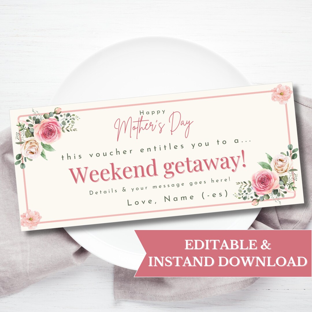 Mother’s Day Weekend Getaway Voucher Printable, Editable Travel Gift ...