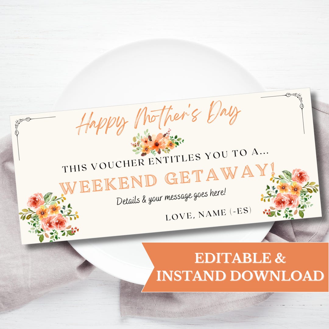 Mother’s Day Weekend Getaway Gift Certificate Printable, Mom Travel ...