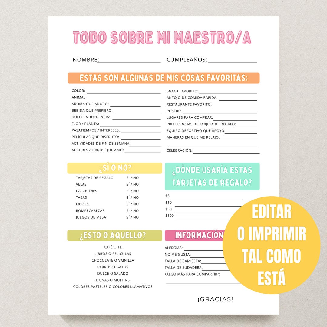 Plantilla Editable Todo Sobre Mi Maestro, Lista De Favoritos Profesores ...