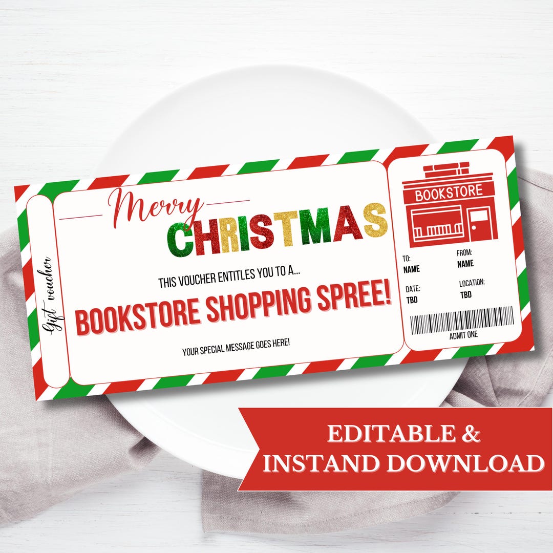 Christmas Bookstore Gift Coupon Template, Editable Shopping Spree ...