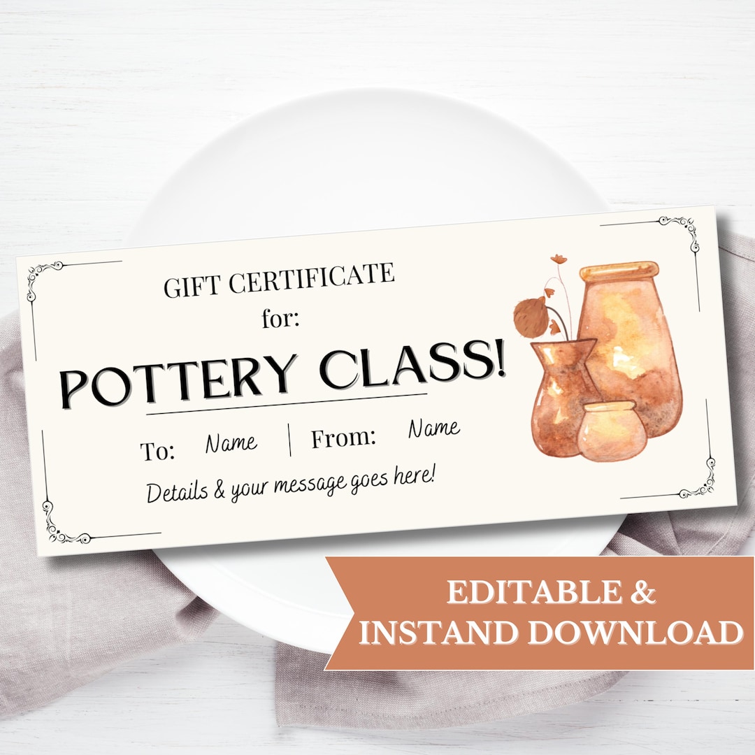 Pottery Class Gift Certificate Template, Custom Pottery Class Voucher ...