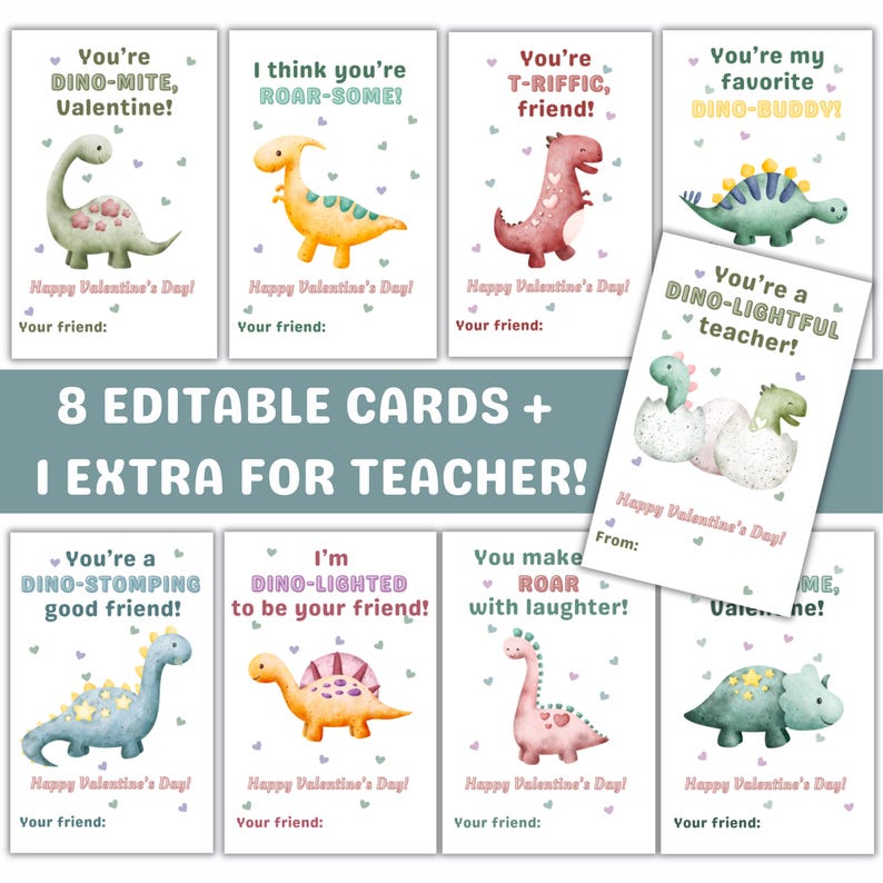 Dinosaur Valentine Cards for Kids Printable, Dino Classroom Valentines ...