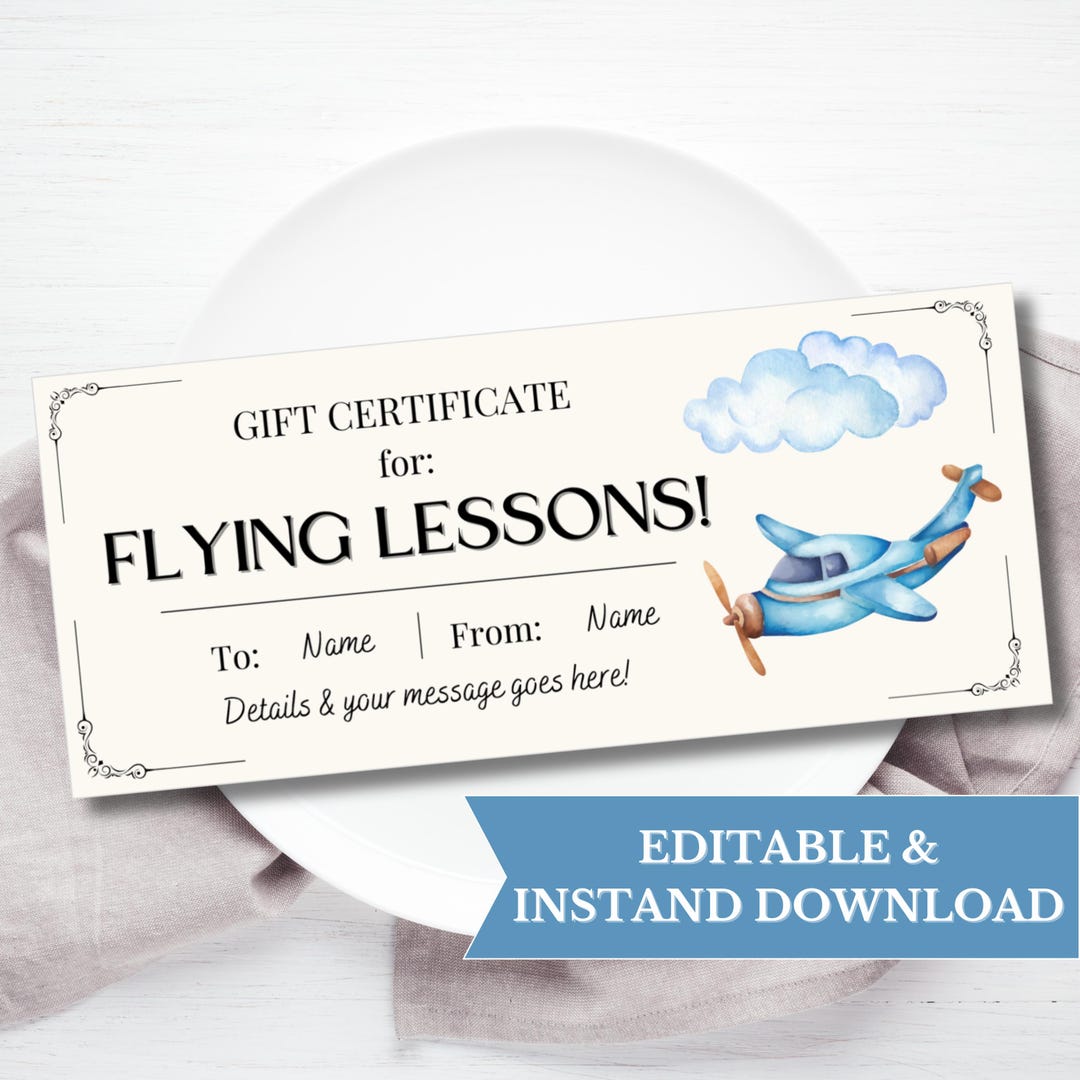 Flying Lessons Gift Voucher Printable, Learn to Fly Experience Gift ...