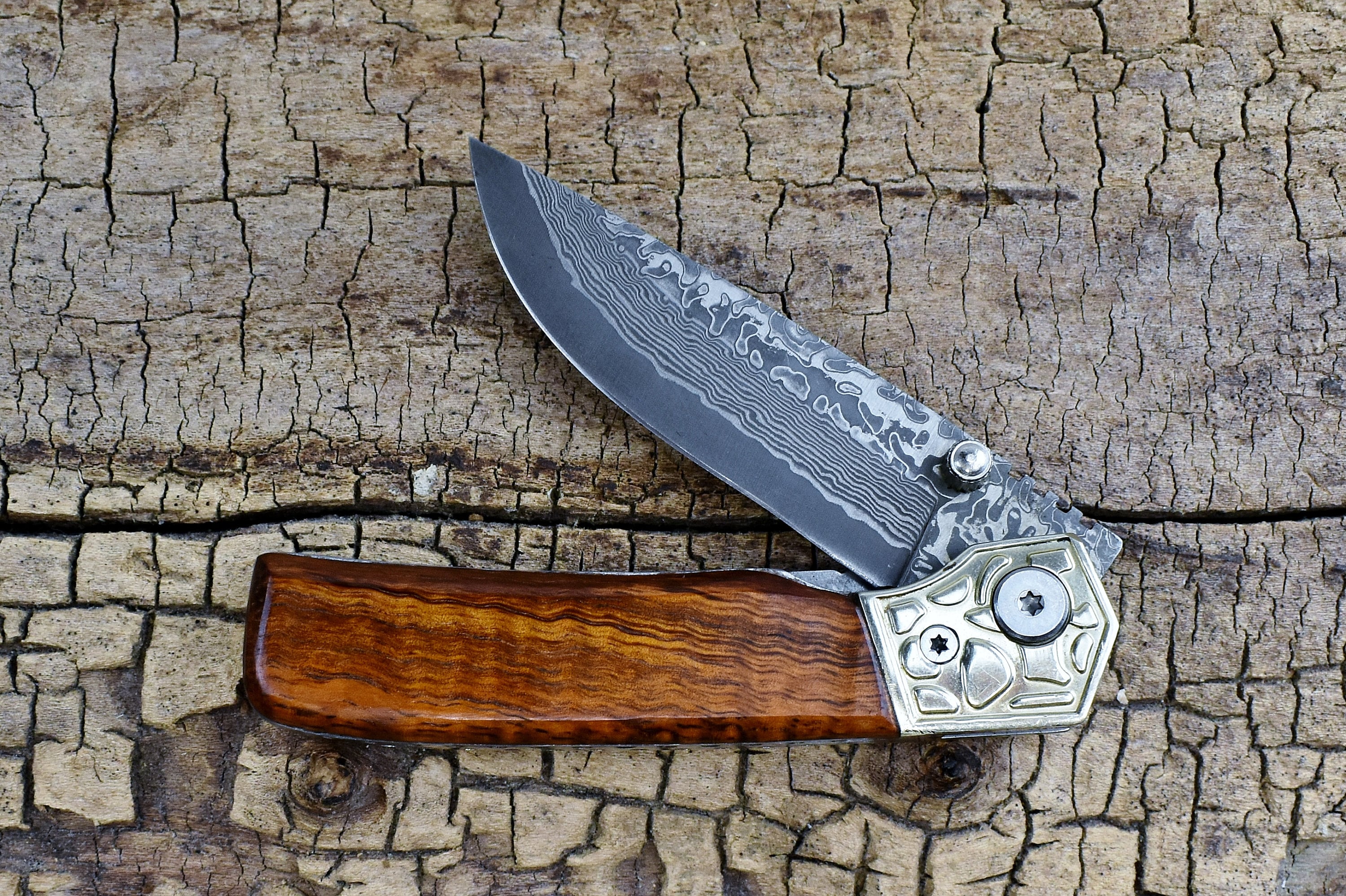 Pocket Knife with Wood Handle - Curly Koa - Wooden Handle with Damascus ...