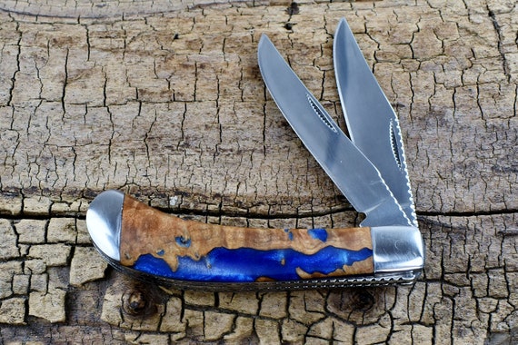 Resin Wood Pocket Knife With Wood Handle Cobalt Diamond Blue | Etsy